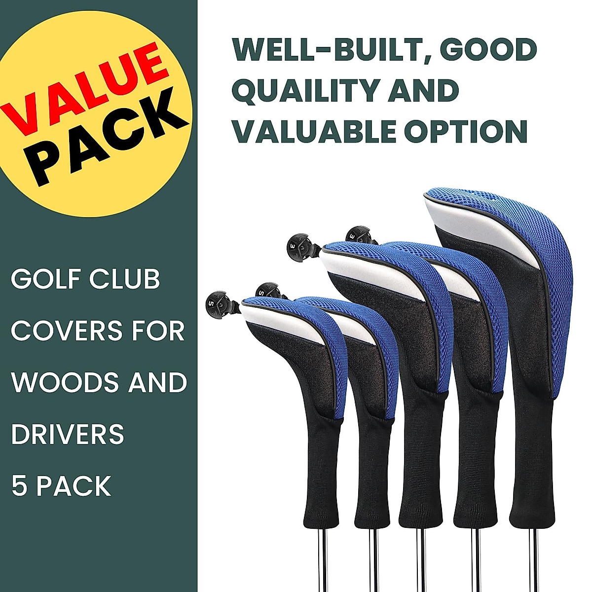 FINGER TEN Golf Club Head Covers Woods Driver Fairway Hybrid 3/4/5 Set, Headcovers Men 1 3 5 7 X Interchangeable Number Tag, Fit All Wood Clubs (5 Pack-Blue(1D+2F+2H))
