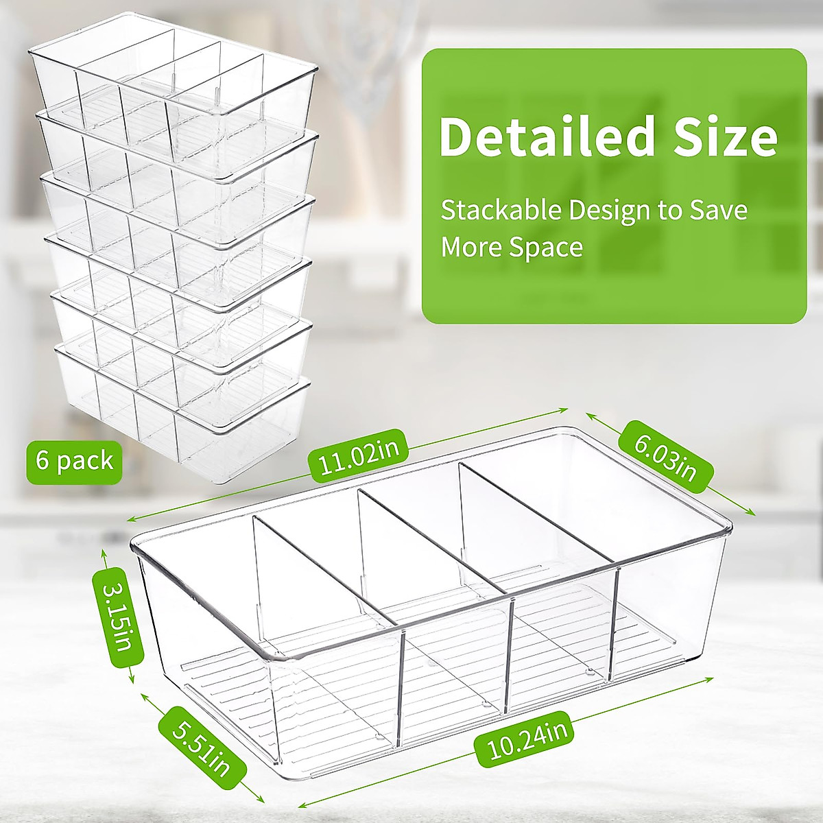 Moretoes 6 Pack Clear Plastic Storage Bins with Dividers, Food Storage Organizer Bins for Pantry Kitchen Fridge Cabinet Organization, 4 Compartment Holder for Organize Packets Spices Pouches Snacks