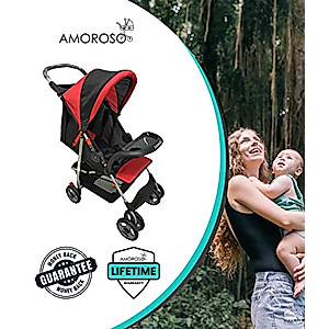 AmorosO Single Stroller - Baby Stroller with Four Wheels - Lightweight Stroller - Convertible Stroller with Extra Storage Space - Foldable Stroller with Sun Protection Hood Cover Red