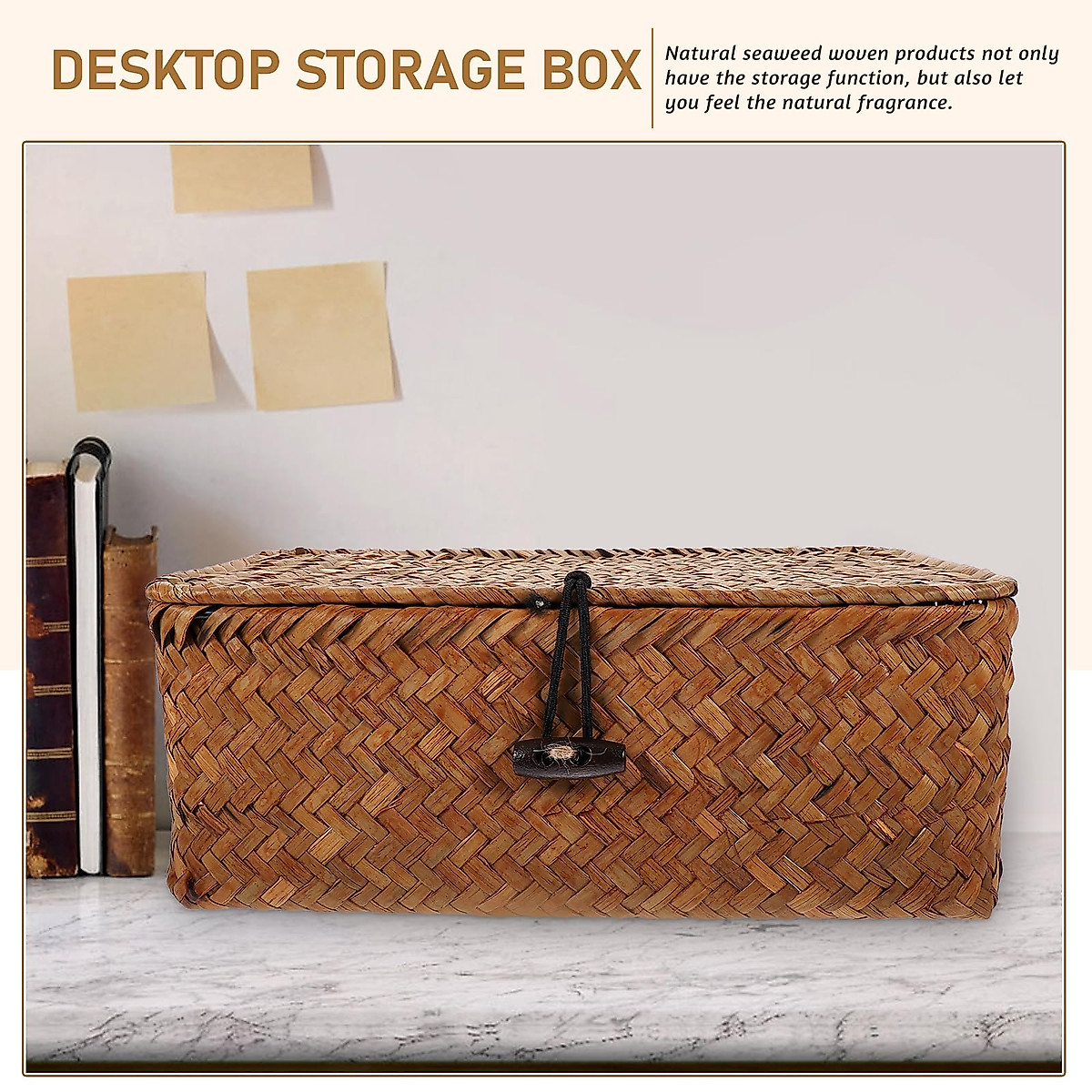 Gatuida Rectangular Wicker Baskets with Lids, Seagrass Storage Baskets with Button Multipurpose Container for Desktop,Size S
