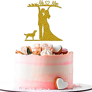 Surfing Couple Mr & Mrs Cake Topper with Dog Surfboard, Funny Wedding Cake Decors, Bride and Groom Wedding Anniversary Party Decorations Gold Glitter