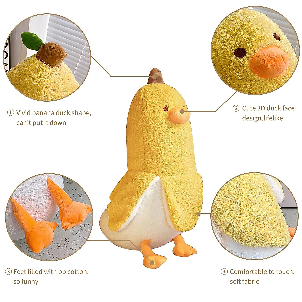 FIONOUT Banana Duck Plush, Cute Stuffed Animal, Funny Pillow Toy for Girls & Boys, White, 50CM/19.6 in