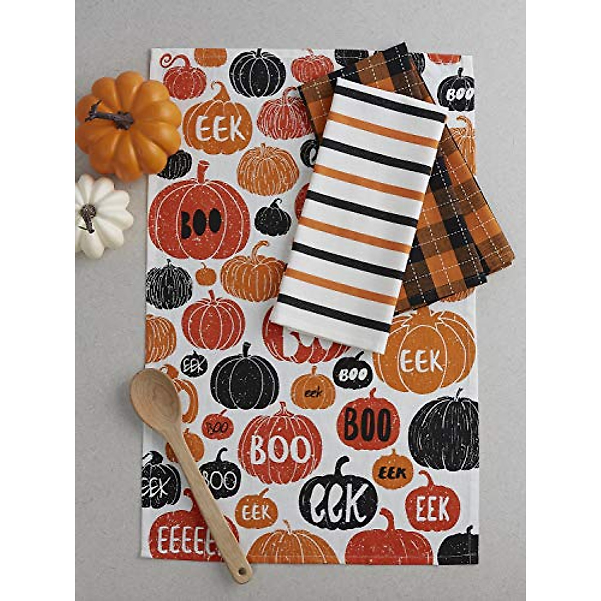 DII Halloween Hand Towels for The Kitchen Decorative Spooky & Fun Cotton Printed Dishtowel Set, 18x28, Pumpkin Boo, 3 Count