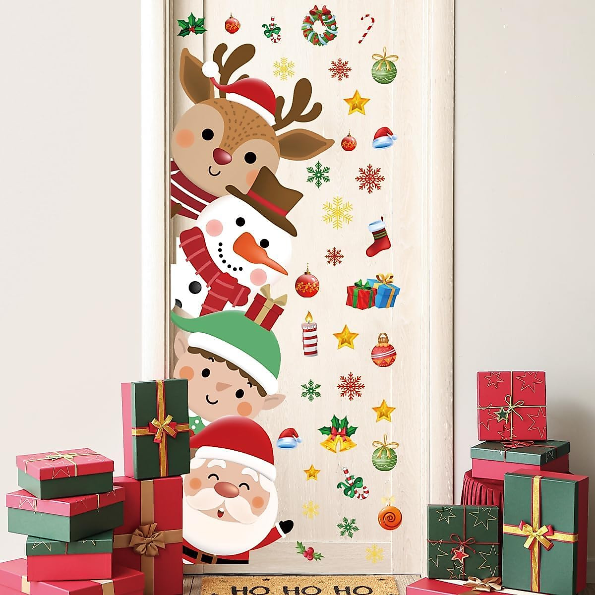 44.88 x 15.75 Inch Christmas Door Stickers Christmas Santa Claus Elk Snowman Door Sticker Decor for Holiday Christmas Kids Baby Nursery Playroom Bedroom Classroom Kindergarten Holiday Wall Decor