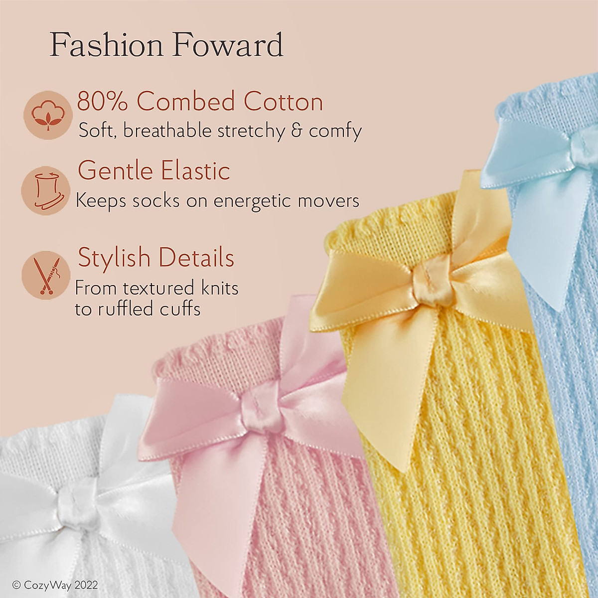 CozyWay Baby & Toddler Knee High Bow Socks, 6 Pack for Girls, Pastel Colors, 0-9 Months Old