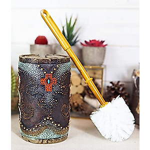 Ebros Gift Rustic Vintage Western Turquoise Faux Tooled Leather Triple Horseshoes and Cross Cowboy Toilet Bowl Cleaner Brush and Base Holder Set Bathroom Vanity Powder Room Office Accessory