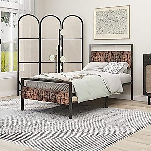 alazyhome Modern Industrial Twin Size Bed Frame Metal Platform with Rustic Wooden Headboard and Footboard, No Box Spring Needed, Noise Free, Easy Assembly Black