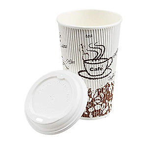 Amazon Basics Insulated Ripple Wall Polyethylene Hot Cups with Lids, Café Design, 16 oz, 100-Count