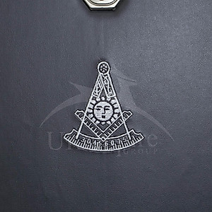 Masonic Past Master Apron Case – Machine Embroidered (Black Leather), MM Provincial Size | Freemason Carrying Bags (Silver Emblem)