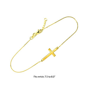 14K Yellow Gold Sideways Cross Crucifix Christian Rolo Chain Bracelet with Lobster Claw Clasp - Adjustable 7-1/2" with 1/2" Extender