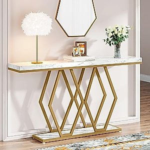 Tribesigns Console Table for Entryway Living Room, 55 Inch Gold Entryway Table Modern Accent Table for Hallway Entrance Foyer (Gold White)