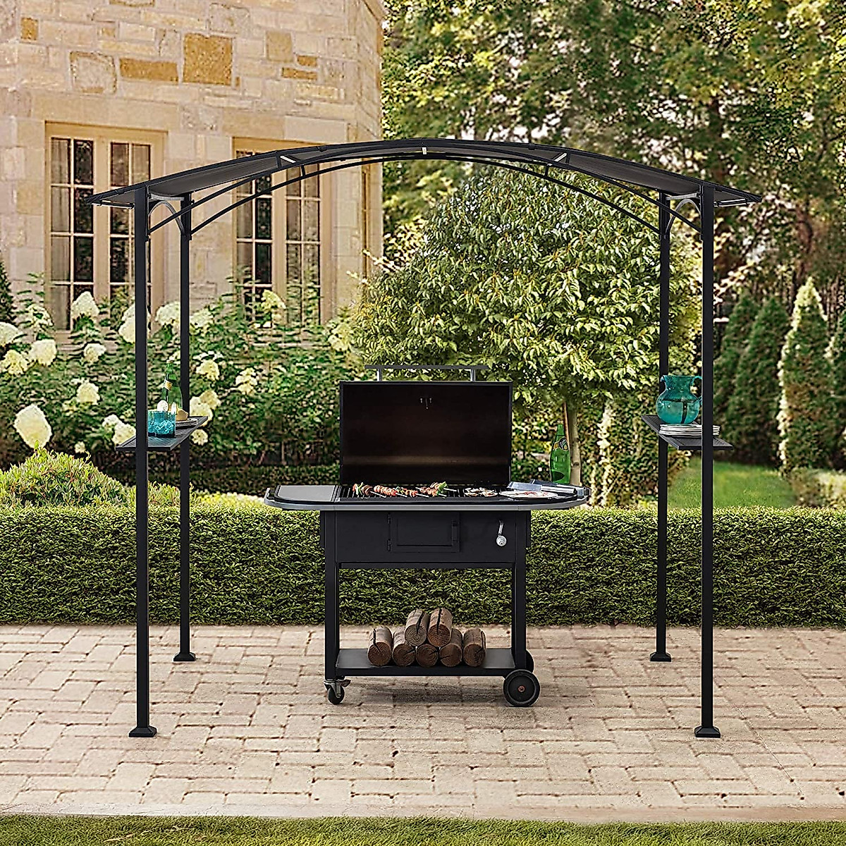 Sunjoy Grill Gazebo 5 ft. x 8 ft. Black Steel Frame Soft Top Gazebo with Arch Canopy with Shelves for Outdoor, Patio, Garden, Backyard Activities