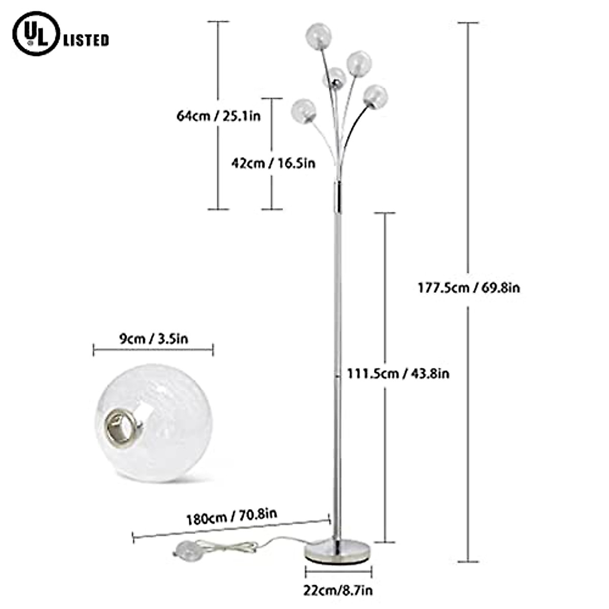 Modern Globe LED Floor Lamps for Living Room-DLLT Standing Lamps with 5 Lights for Bedroom, Tall Pole Tree Accent Lighting for Mid Century, Contemporary Home, G9 Bulb Not Included, Glass Shade Silver