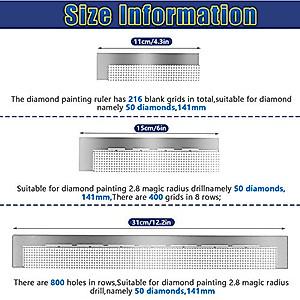3 Pieces Diamond Painting Ruler Stainless Steel Diamond Mesh Ruler 5D Diamond Ruler Tool with 216, 400 and 800 Blank Grids, 2 Pieces Diamond Painting Fix Tool for DIY Diamond Painting Kits