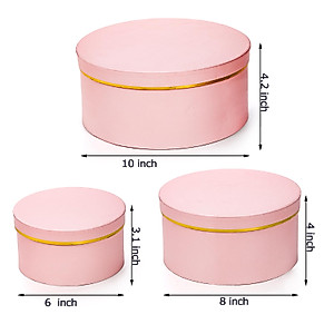 Coloch 3 Pcs Round Gift Boxes with Lid, Pink Flower Box with Golden Rim Nested Party Favor Boxes for Flower Arrangement, Birthday, Wedding,Valentine's Day, Anniversary, Pink, Small, Medium, Large