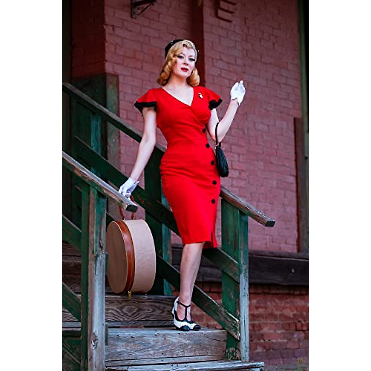 Miusol Women's Navy Style Deep-V Neck Vintage Evening Pencil Dress(X-Large,Red)