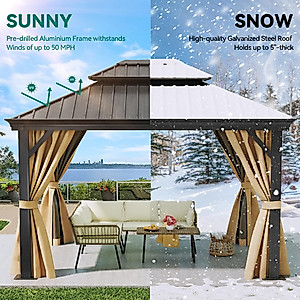 DWVO 10x12ft Hardtop Gazebo Double Roof with Nettings and Curtains, Heavy Duty Galvanized Steel Outdoor Vertical Stripes Roof for Patio, Backyard, Deck, Lawns, Brown