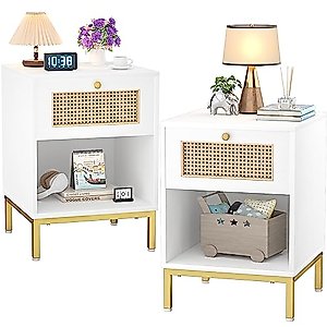 Ecoprsio Nightstands Set of 2 for Bedroom, Boho Bed Side Table with Storage Drawer, Mid-Century Modern Night Stand with Wood Finish and Rattan Drawer, End Table, Sofa Couch Side Table - White