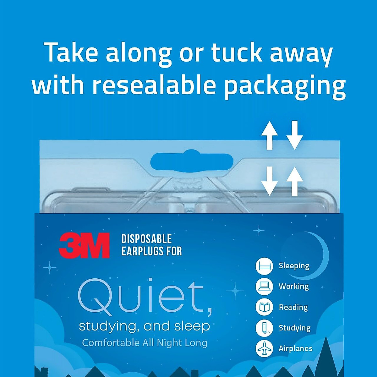 3M Disposable Earplugs for Quiet, Studying & Sleep, Light Blue, 32 NRR, 80 Pairs in a Resealable Package, Hearing Protection