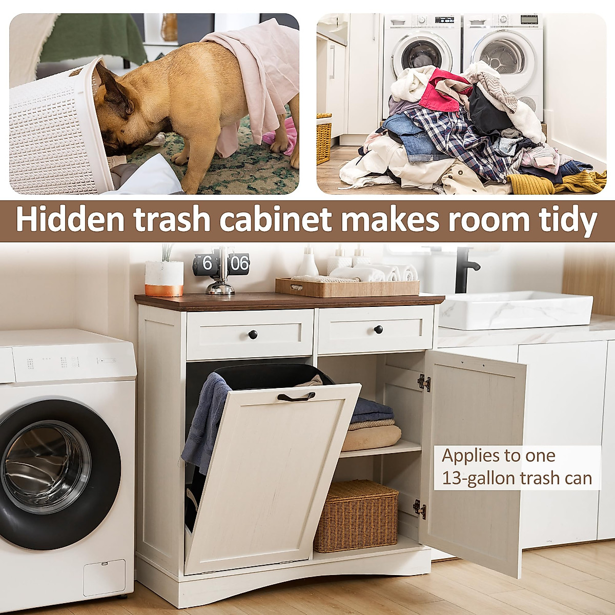 AHB 13 Gallons Tilt Out Trash Cabinet Kitchen Wood Trash Can Cabinet with Hideaway Drawers Freestanding Hidden Garbage Recycling Cabinet Pet Proof Trash Can for Kitchen Living Room, Antique White