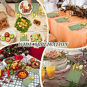 Tioncy 100 Pack Gold Plastic Silverware Cutlery Set Dinner Napkins with Built in Flatware Pocket Disposable 100 Forks Spoons Knives and 100 Like Cloth Paper Napkins for Dinner Wedding Party (Green)