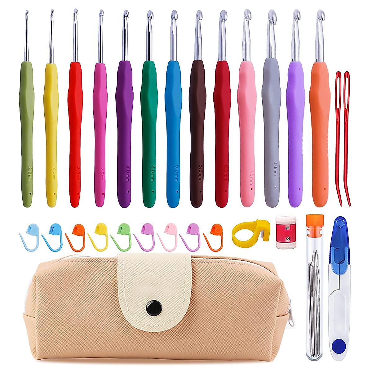 38 Pack Crochet Hooks Set, 13 Pcs 2mm(b)-10mm(n) Ergonomic Soft Grip Crochet Handles, Crochet Needle with Storage Case, Crochet Hooks for Arthritic Hands, Extra Long  Knitting Needles