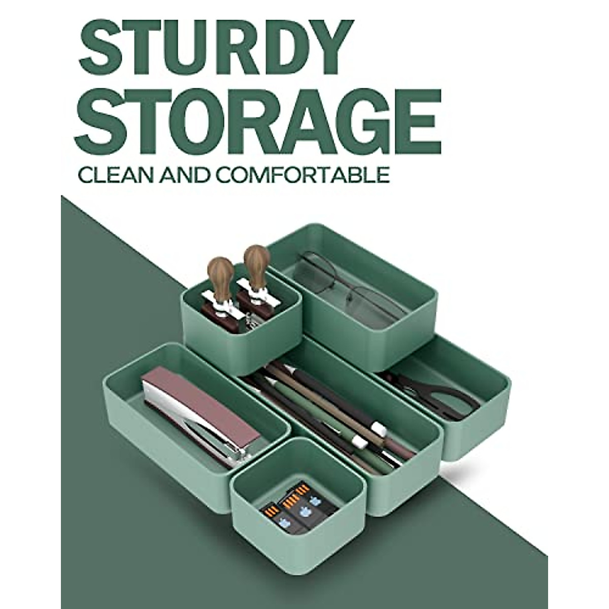 CHANCETSUI 6-Piece Stackable Drawer Organizer Set, Rectangle Trays, Narrow Makeup Vanity Storage Bins and Bathroom Office Desk Drawer Dividers, Green