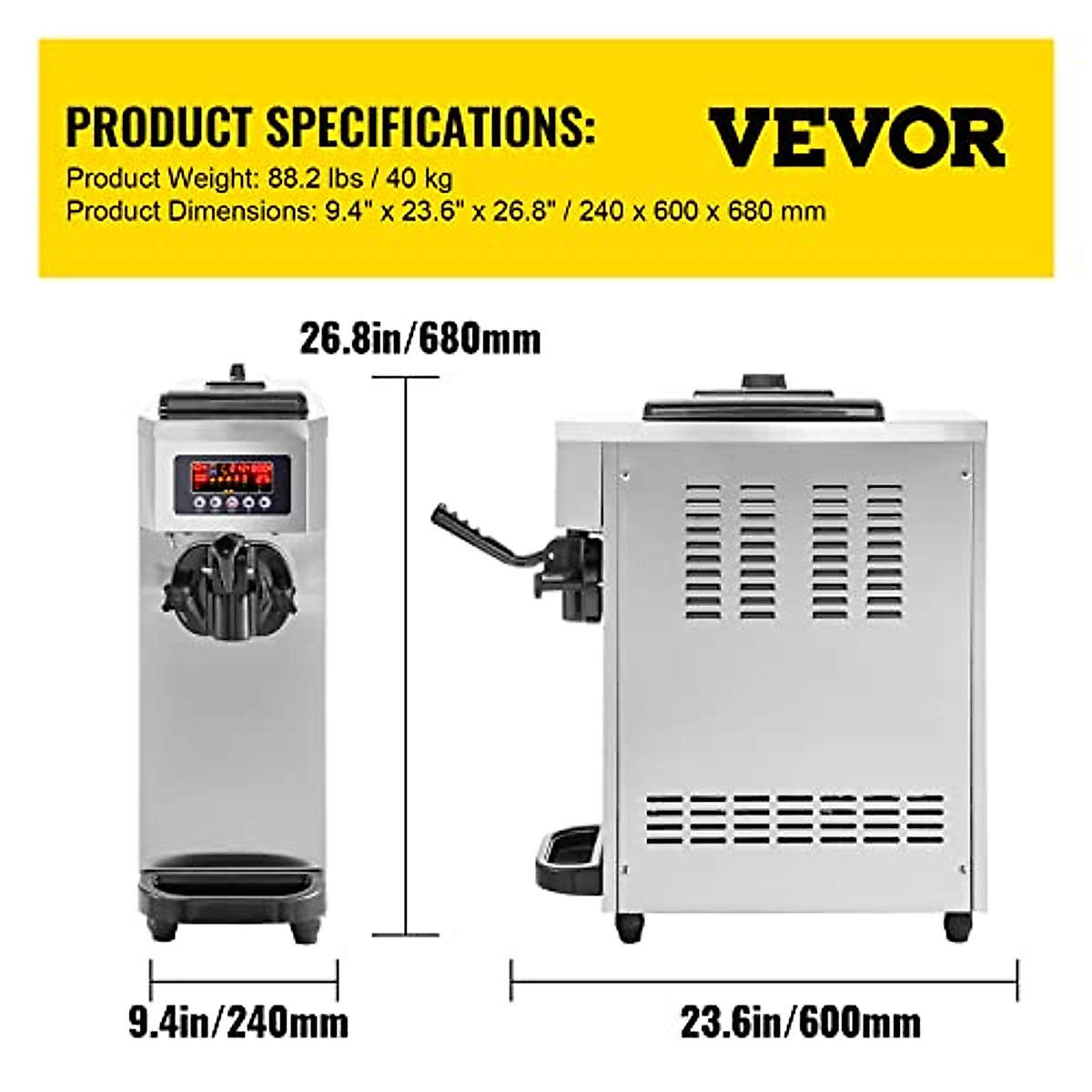 VEVOR Commercial Ice Cream Maker Mchine For Home,4.7 to 5.3 Gal/H Soft Serve Machine,1500W Countertop Soft Serve Ice Cream Machine with 1.6Gal Tank, LCD Panel, 6 Magic Heads