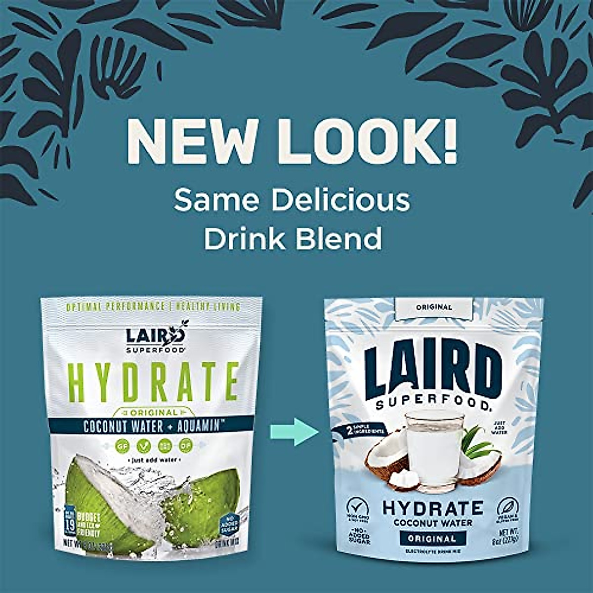 Laird Superfood HYDRATE Coconut Water Powder Drink Supplement with Coconut Water and Auqamin, All Natural, No Added Sugars, Gluten-Free, Non-GMO, Vegan, 8 oz. Bag, Pack of 1