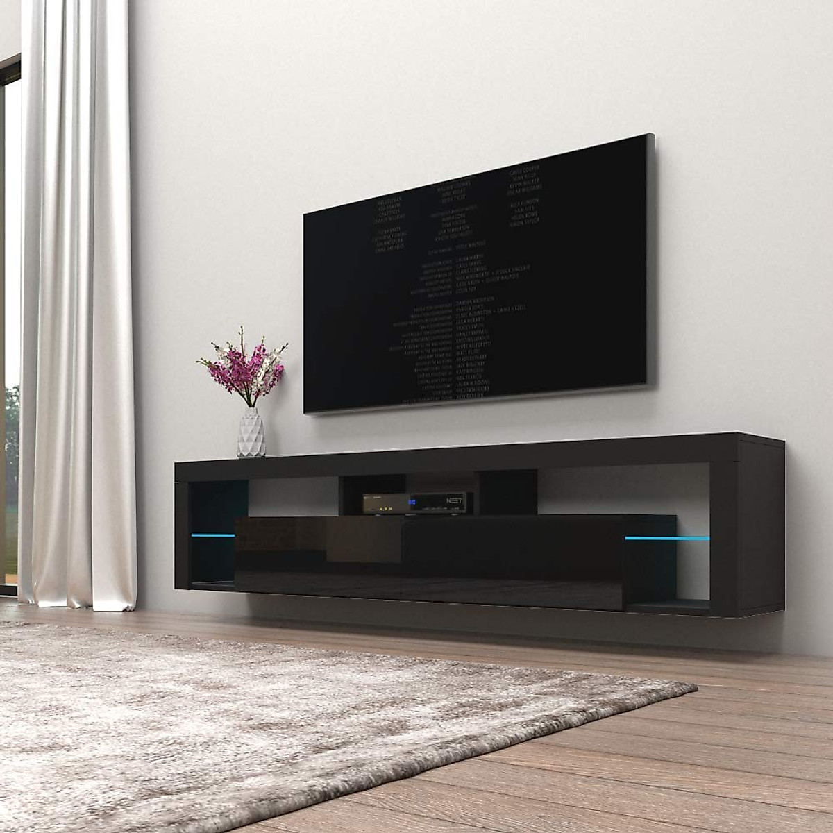 MEBLE FURNITURE & RUGS Milano 200 Floating TV Stand for TVs up to 90", Modern High Gloss 79" Entertainment Center, Wall Mounted TV Media Console with Storage Cabinets and LED Lights