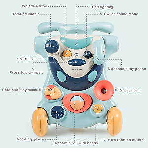 HONEY JOY Sit-to-Stand Learning Walker, 3-in-1 Push Pull Baby Walker W/Wheels, Convertible Ride On Toy Car, Kids Educational Activity Center W/Sound & Light for Toddler Infants Boy Girl (Blue)