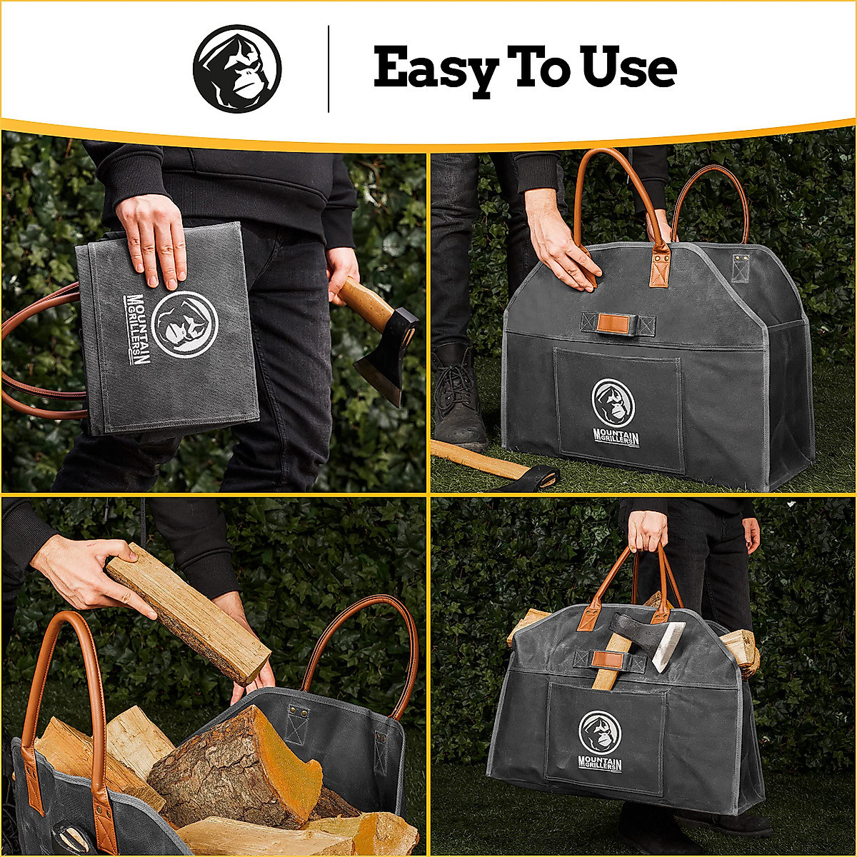 MOUNTAIN GRILLERS Heavy Duty Canvas Firewood Carrier - Features Reinforced Handles For Carrying Wood & Logs - Must Have Bag For Any BBQ Enthusiasts & Pit Masters