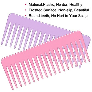 Wide Tooth and Large Detangling Comb Set for Long, Curly, Wet Hair - No Handle Styling, Shampoo & Detangling Combs (2 Pieces - Pink, Purple)