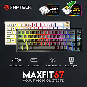 FANTECH MAXFIT67 3-Mode Custom Mechanical Gaming Keyboard RGB Backlit, 65% (67-Key) Hot Swappable Type-C Wired South Facing Mechanical Keyboard, Yellow Switch, White