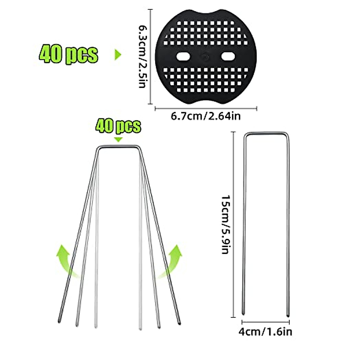 40 Pack 6 Inch Landscape Staples & 40pcs Fixing Gasket Sets, Garden Stakes Galvanized Steel Fabric Pins Heavy-Duty U Shape Sod Turf Pins for Ground Weed Fabric Barrier, Orchard, Yard, Tents