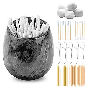 Marble Qtip Holder, Cotton Balls Holder - Modern Dispenser for Bathroom Organization - Q Tip Canister Accessories Cute Jar for Q-tip, Cotton Swabs, Toothpicks, Cotton Balls, Floss Sticks, Sea Salt