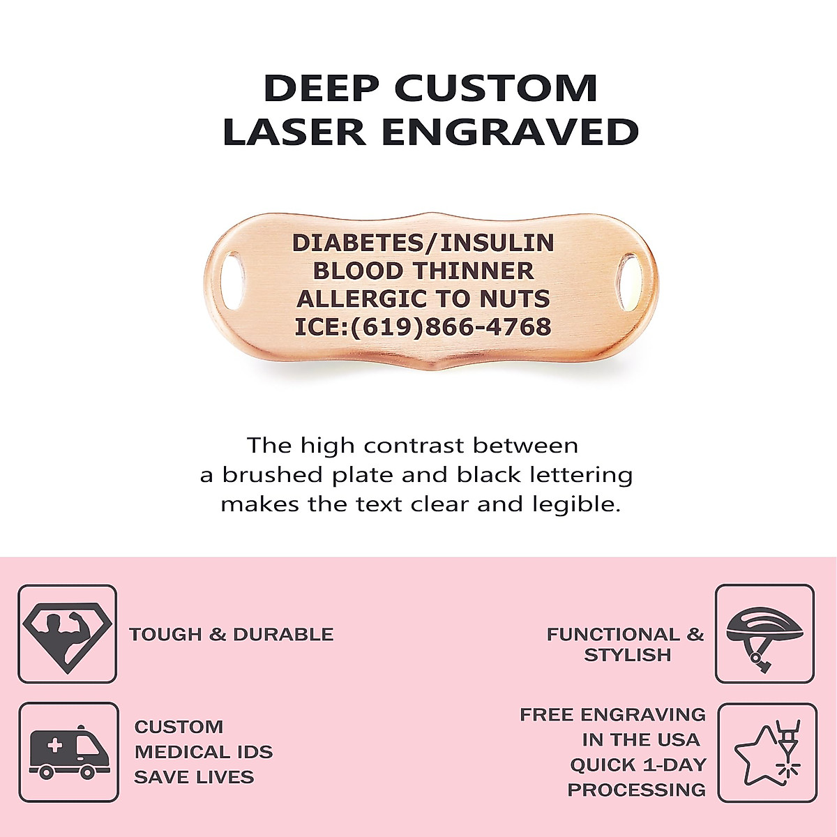 Divoti Rose Gold Signature Custom Engraved Medical Alert ID Bracelet for Woman, Elegance Tag/White - 7.0"