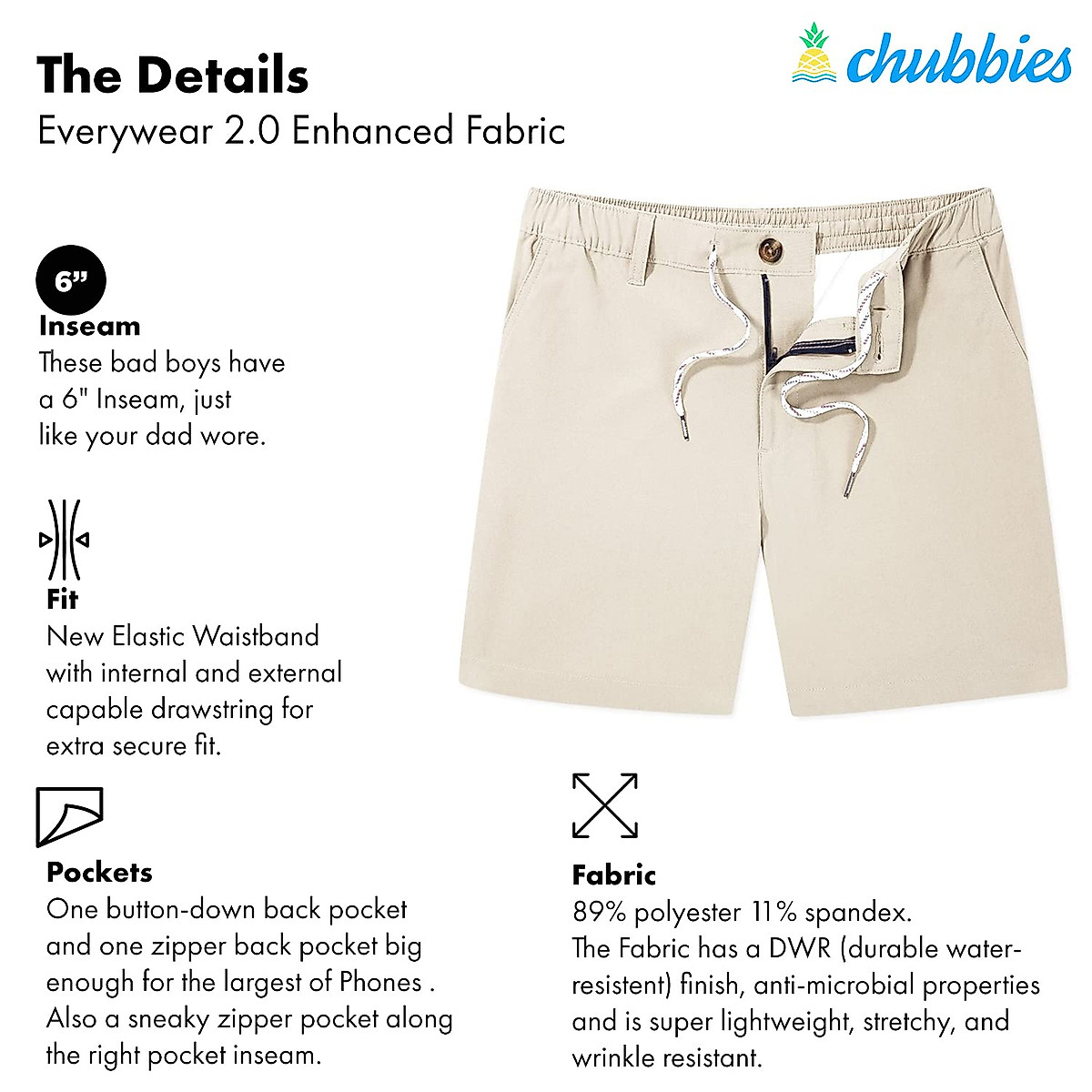 Chubbies Men's Performance Everywear Shorts 6 Inch Inseam, Water Resistant Chino Shorts, Large Khaki