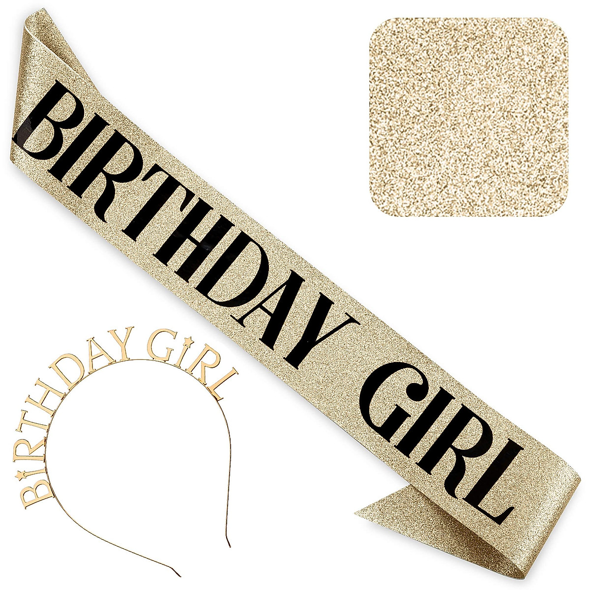 CORRURE 'Birthday Girl' Sash and Headband Tiara - Gold Glitter with Black Foil Happy Birthday Sash and Tiara for Women - Party Favors Supplies and Decorations for 18th 21st 30th 40th Bday Party