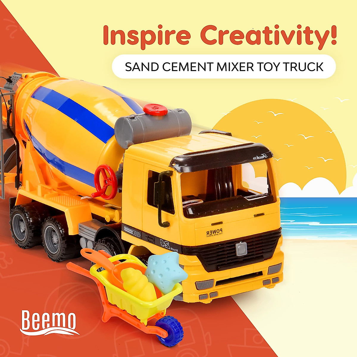 BEEMO Cement Mixer Toy Truck for Kids 15" Push and Go Sand Construction Vehicle for Toddlers Boys & Girls Realistic Play Mixer Birthday Party Gift