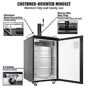 VEVOR BF152-1 Kegerator, Single Tap Draft Beer Dispenser, Full Size Keg Refrigerator with Shelves CO2 Cylinder, Drip Tray & Rail, 32°F-50°F Temperature Control, Holds 1/6, 1/4, 1/2 Barrels, Black