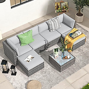Patiorama 7 Piece Outdoor Furniture, All Weather Grey Wicker Sectional Sofa Set with Corner Sofa Chair Ottoman Table, Light Grey