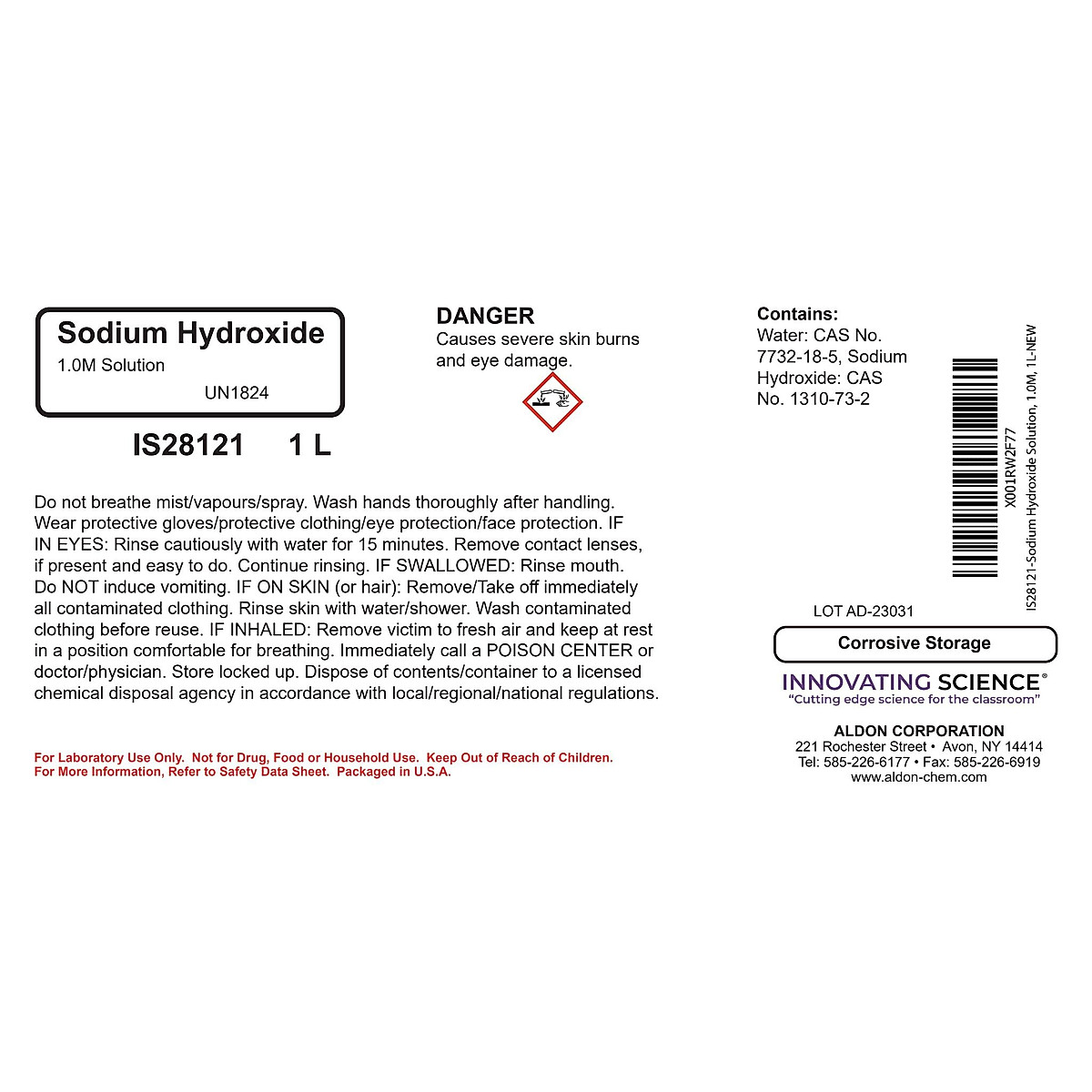 ALDON Innovating Science Sodium Hydroxide Solution, 1.0M, 1L - The Curated Chemical Collection- Made in The USA