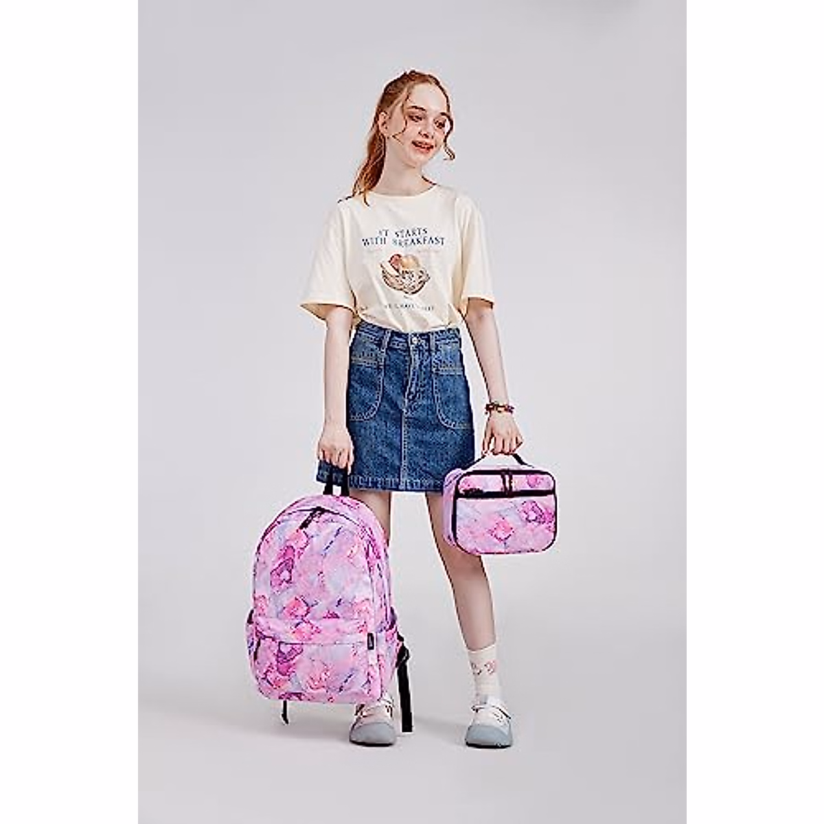 Imyth 3Pcs colorful Backpack sets for Teen Girls, Cute Bookbag School Daypacks for Elementary Middle Students (Marble powder)