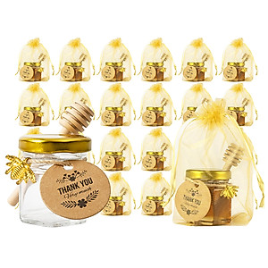 1.5oz 24 Pack Mini Glass Hexagon Canning Jars with Gold Lid, Bee Charms Pendant, Honey Dipper Sticks, Gold Gift Bags, Thank You Gift Tags, Jute Tag String, Baby Shower, Wedding Favors (24-golden)