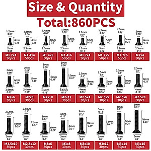 SAHHIVRM 860 PCS Small Computer Screws Assortment Kit, Black Tiny Eyeglass Screws M1.2 M1.4 M1.7 M2 M2.5 M3, PC & Laptop SSD Hard Drive CPU Cooler Screw, M.2 Electronic Screw Set.