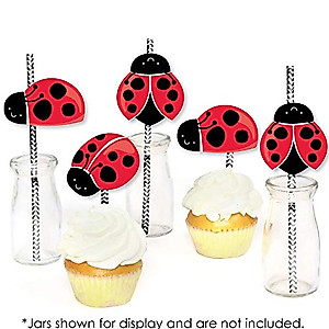 Happy Little Ladybug - Paper Straw Decor - Baby Shower or Birthday Party Striped Decorative Straws - Set of 24