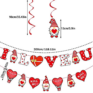 35 Pcs Valentines Day Decoration Hanging Swirls Set Gnome Valentines Day Decor Romantic XOXO Dwarfs Love Heart Pattern Hanging Decor I Love You Banner for Home Bedroom Wedding Party Decorations