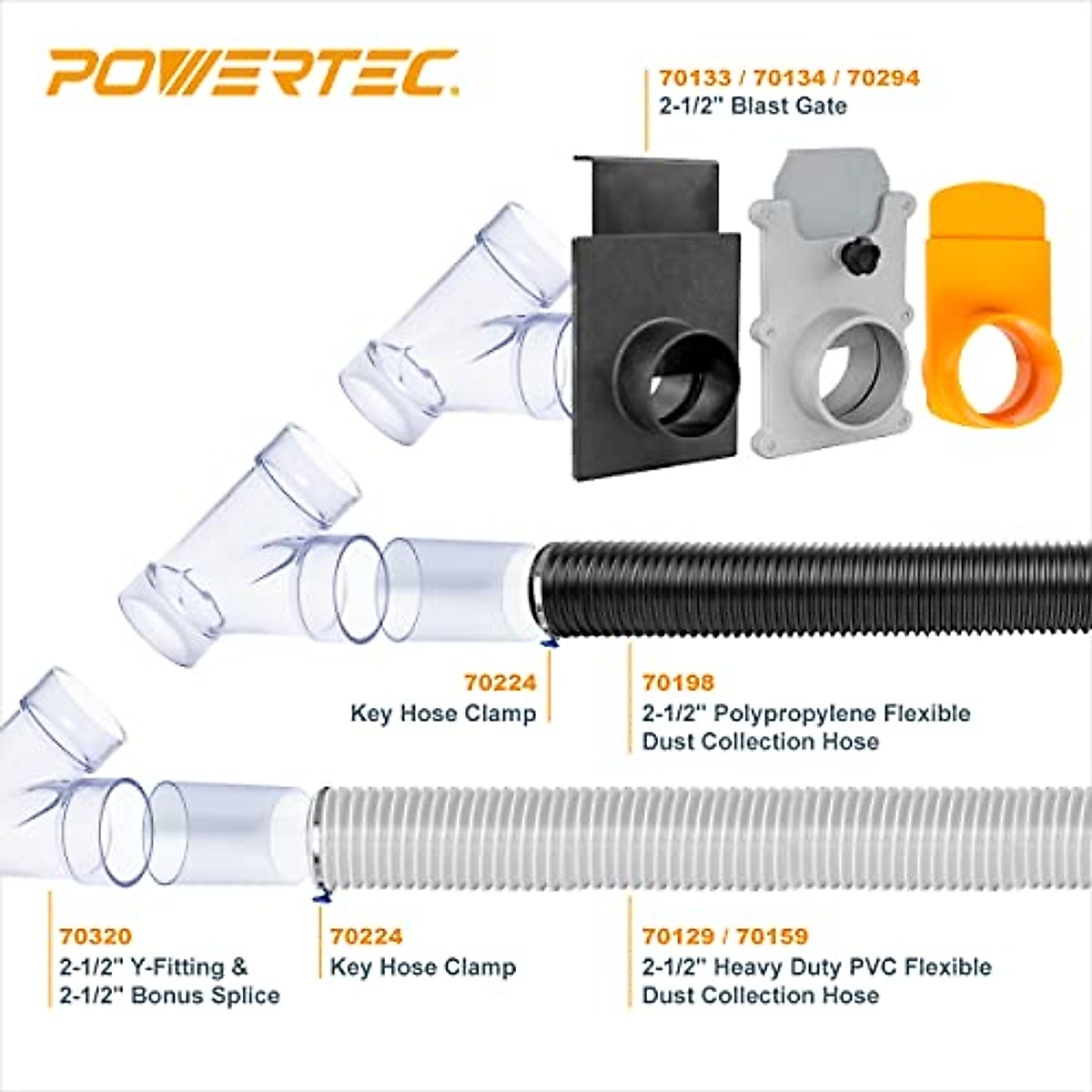 POWERTEC 2-1/2 Inch ID Y Fitting for 2-1/2 Inch OD Dust Collection Pipes, Adapters and Fittings with Splice for 2 1/2 Inch ID Dust Collection Hose Connector, 1 set (70320)