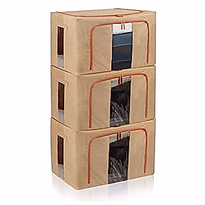 Tasmegol Foldable Clothes Storage Bins Stackable Steel Frame Closet Containers Organizer Bags Linen Cloth Clothing Box for Sweater Bedding Blanket（Beige 3 Pack 100L）